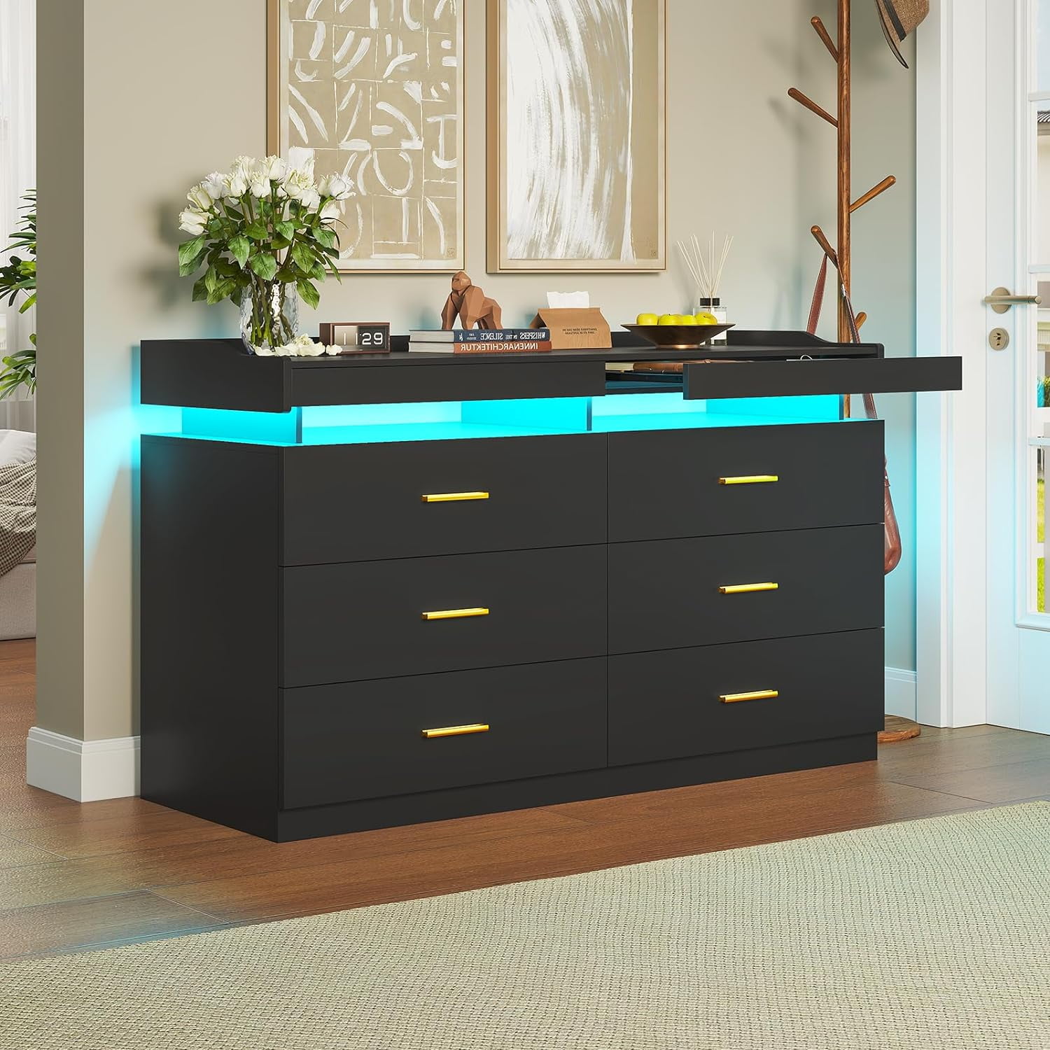 Black Wooden 6-Drawer Dresser with LED Light, 2 Trays, 47.3"W x 33.3"H ...
