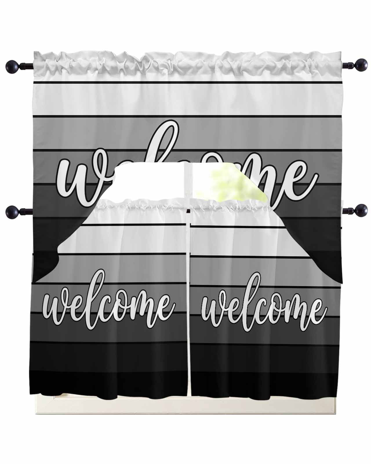 Black Wooden Grain Kitchen Curtains Set for Windows 3 Piece Cafe ...