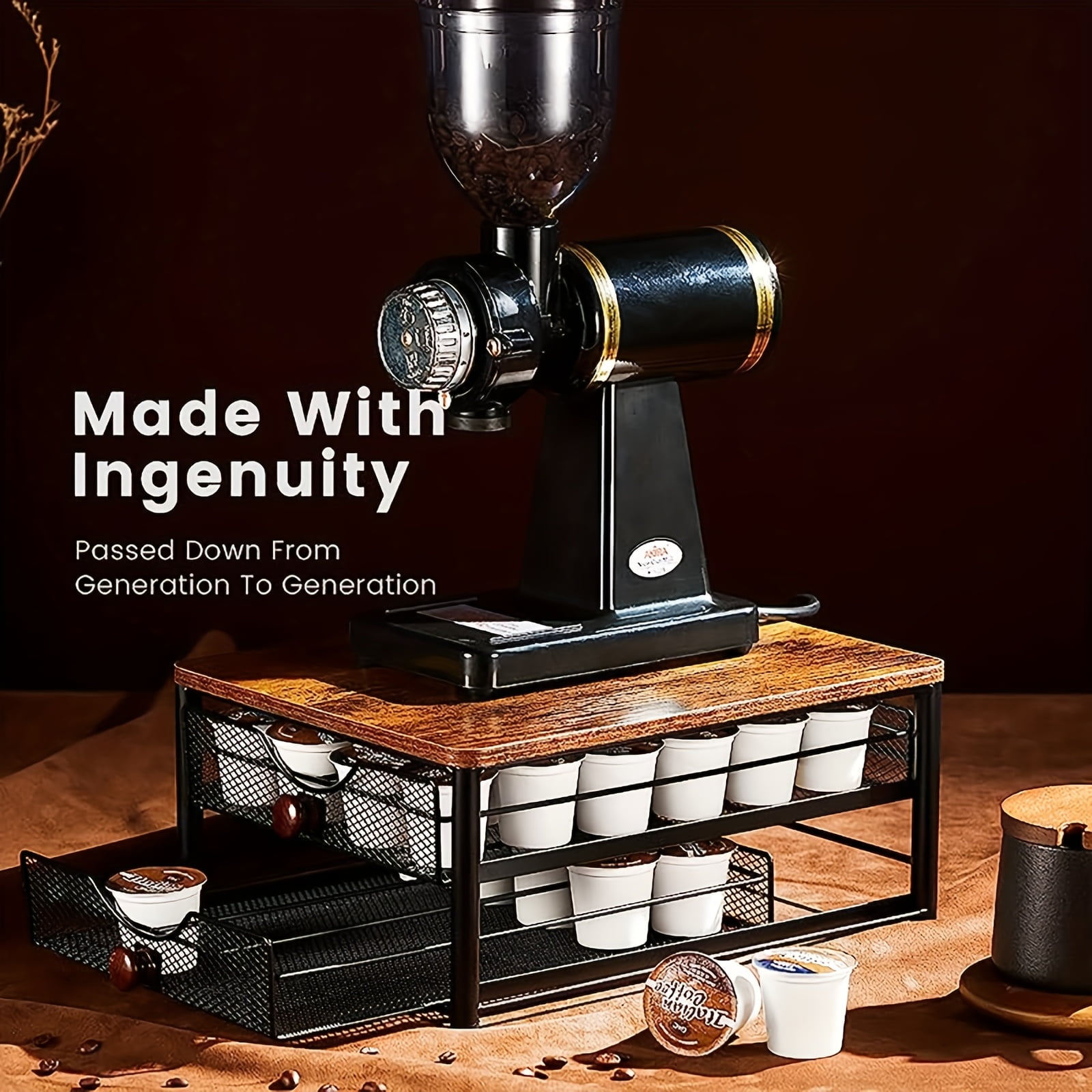 Black Wooden & Iron K Cup Holder with Double Storage Drawer - Coffee ...