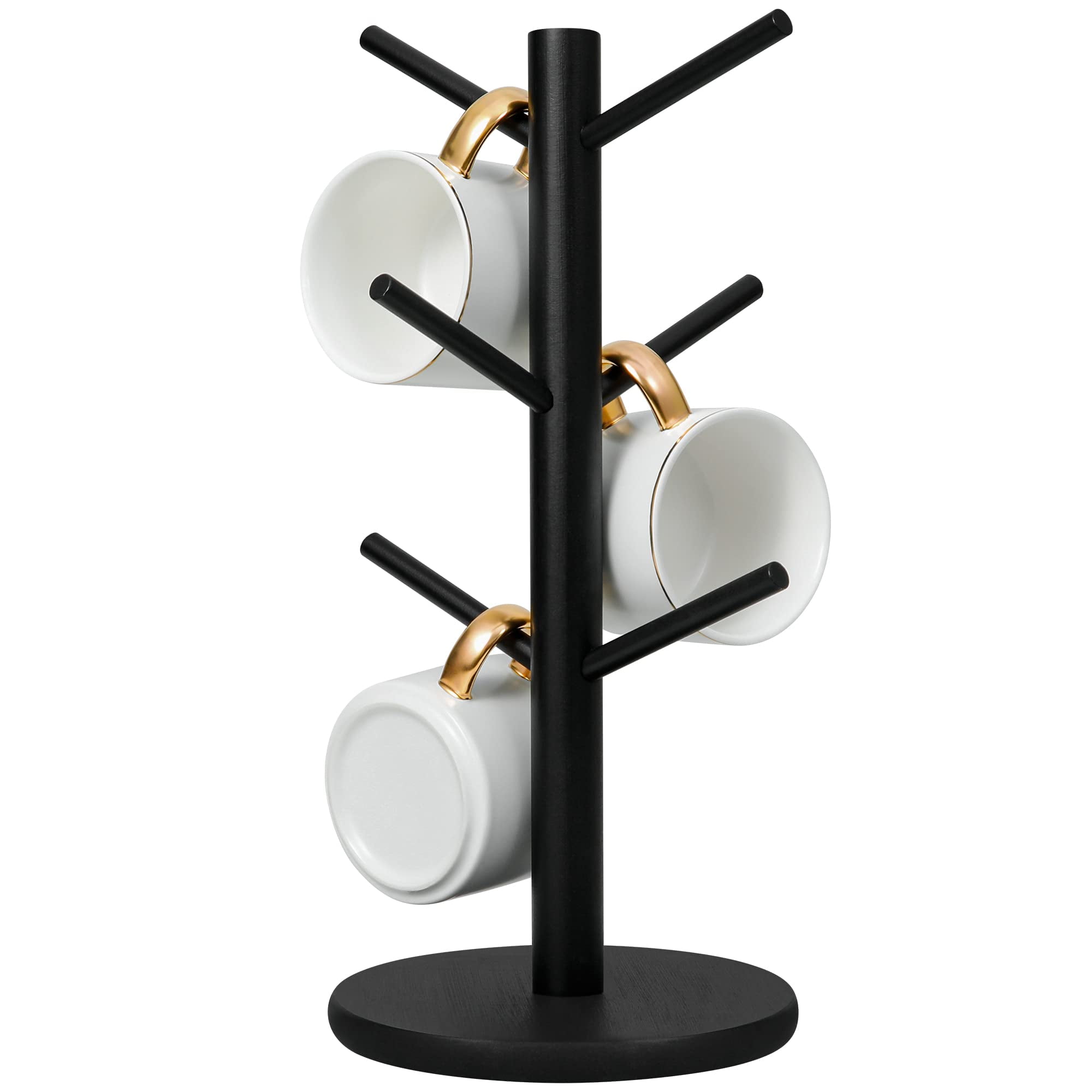 Black Wooden Mug Tree 6-Hook Storage Rack for Coffee Cups and More ...