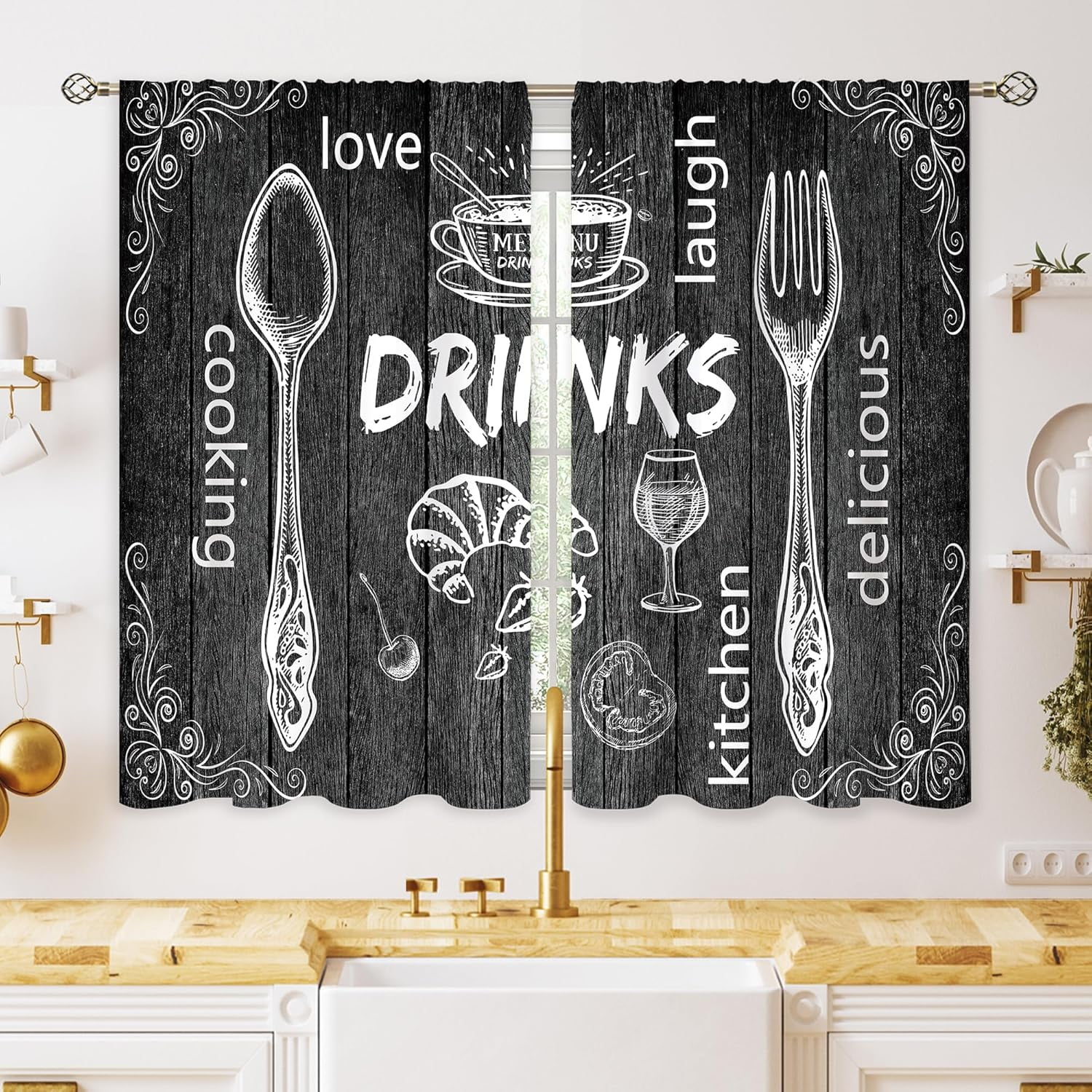 Black Wooden Rustic Farmhouse Small Kitchen Curtains Spoon Fork Window ...