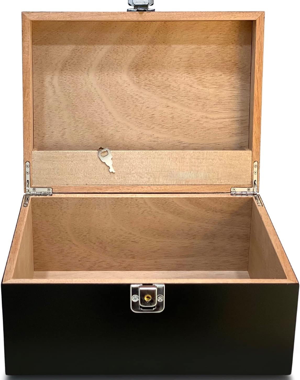 Black Wooden Storage Box with Hinged Lid and Locking Key- Large ...
