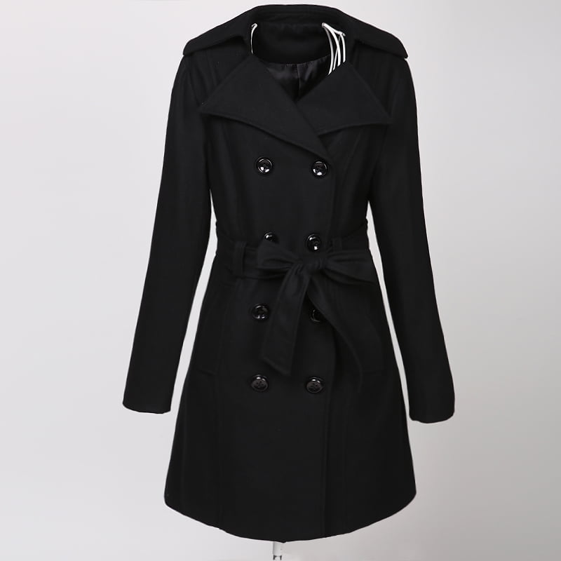 Black Wool Blend Mid-Length Wool Blend Double-Breasted Coat - Walmart.com