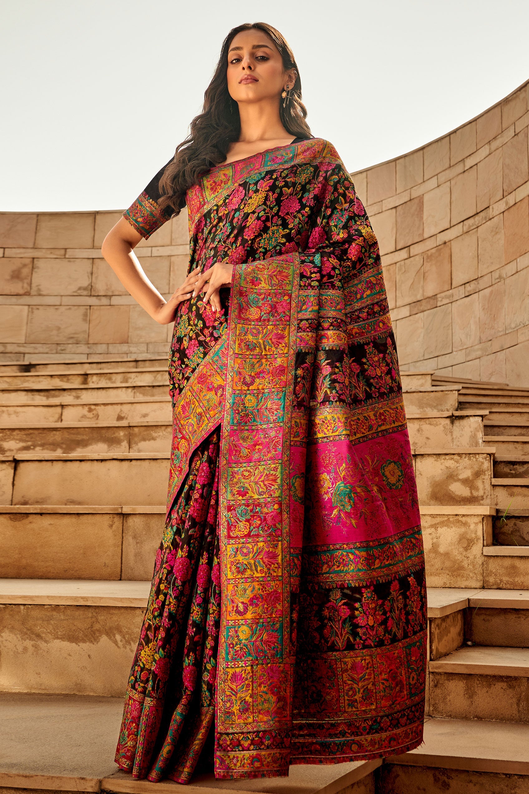 Black Woven Jamewar Kashmiri Silk Saree - Walmart.com