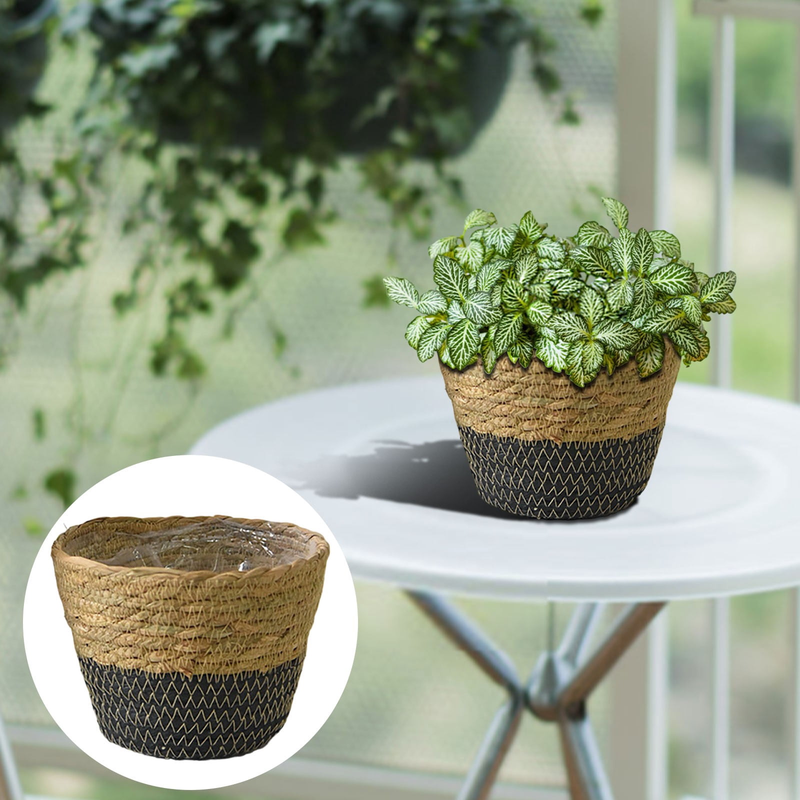 Black Woven Plant Basket Cover for Flower Pots, Straw Planter Holder ...