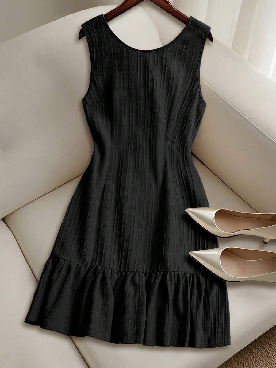 Black Woven Sleeveless Round Neck A-Line Ruffle Hem Mini Dress With ...