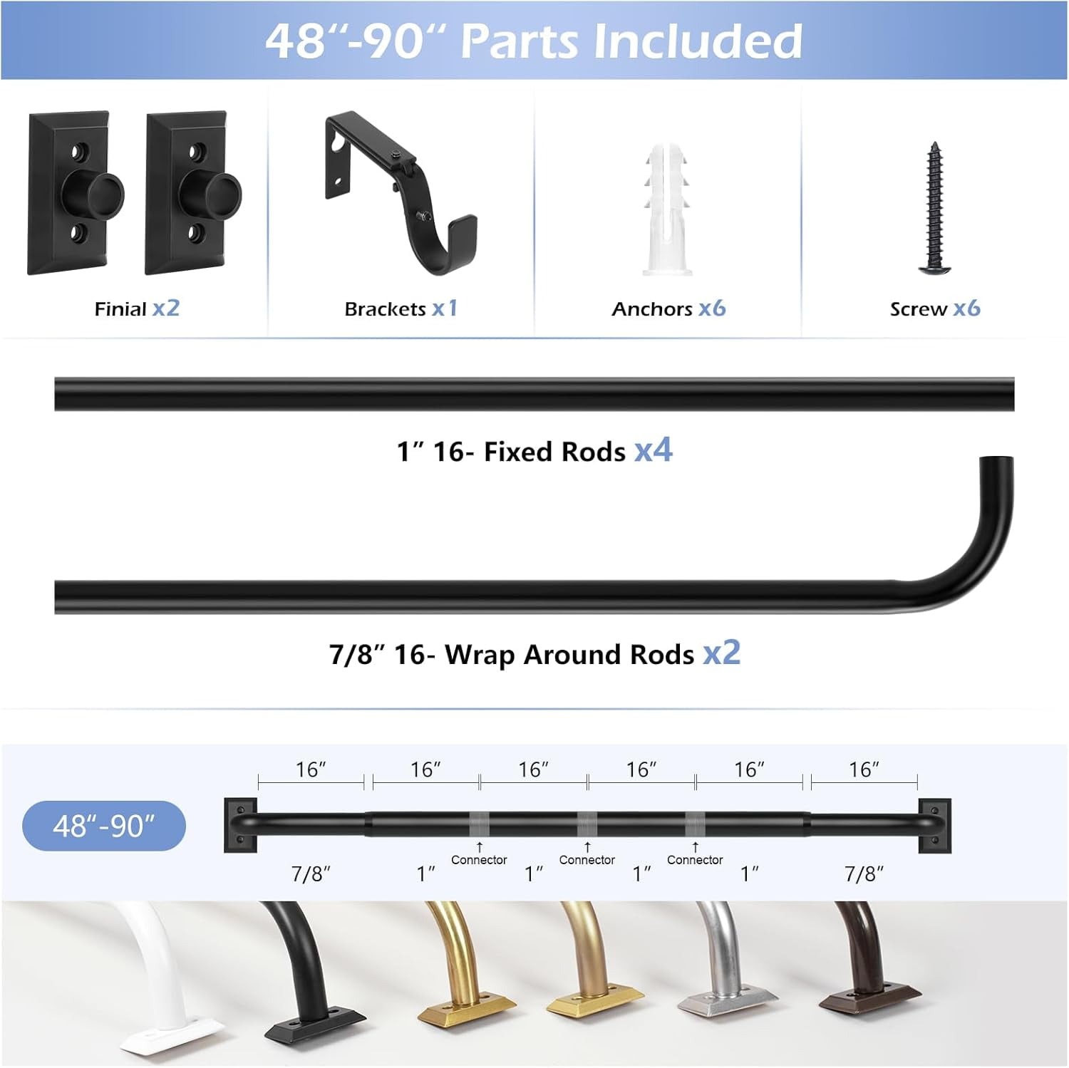 Black Wrap Around Curtain Rods 48 to 90:Blackout Heavy Duty Adjustable ...