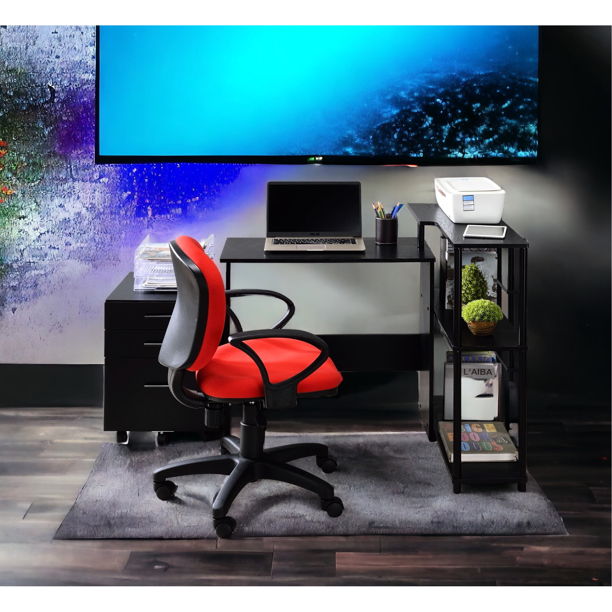 Black Writing Desk With A Side Shelf For Streamlined Organization Office An Integrated Work ...