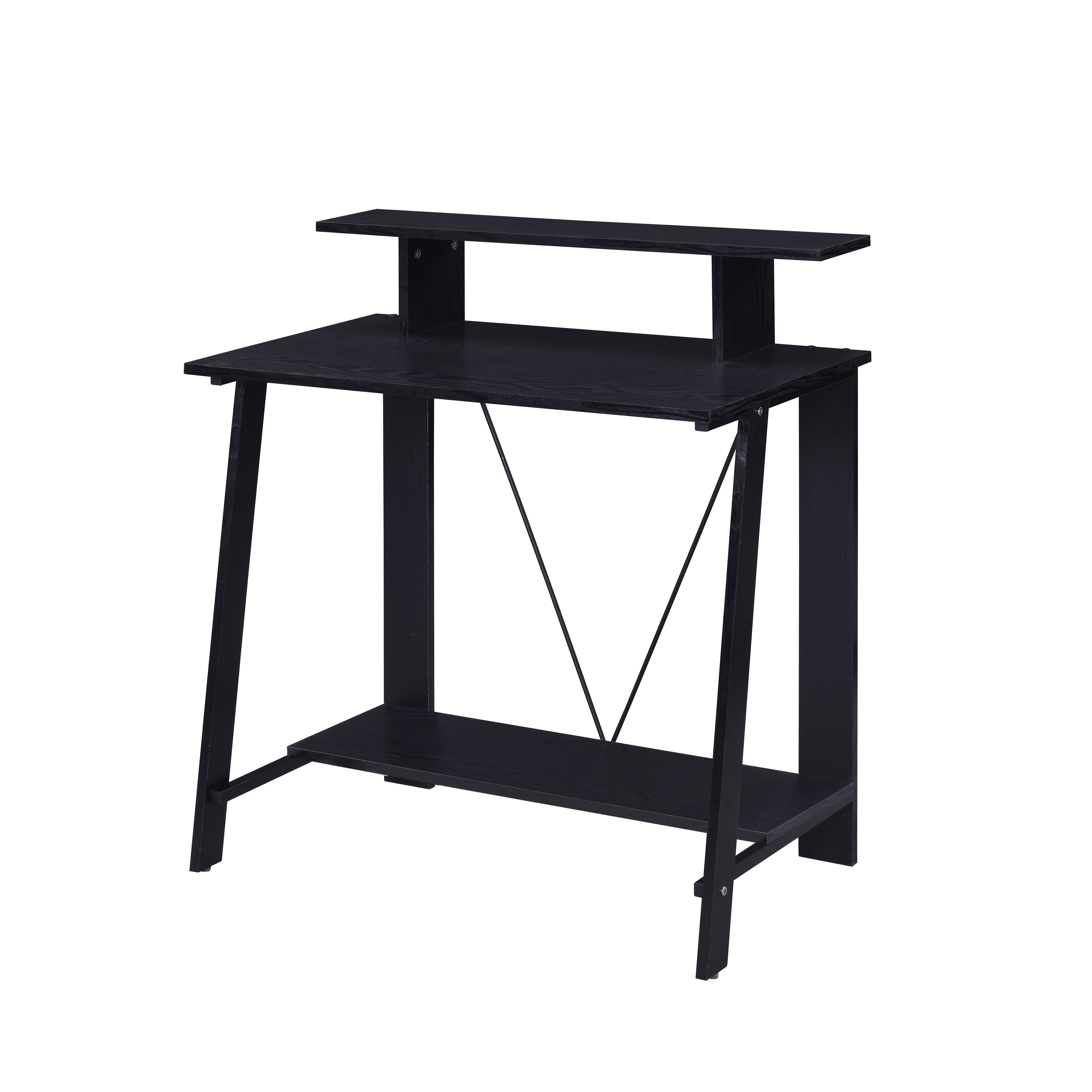Black Writing Desk with Upper Shelf,Black Wood+Metal Furniture Office ...