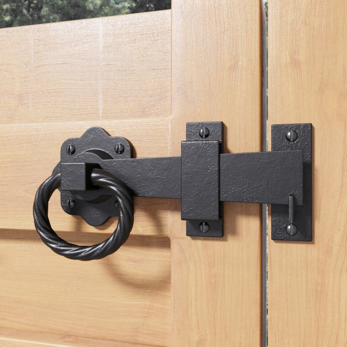 Black Wrought Iron Gate Floral Ring Turn Latch Lock Set 6" W Light Duty ...