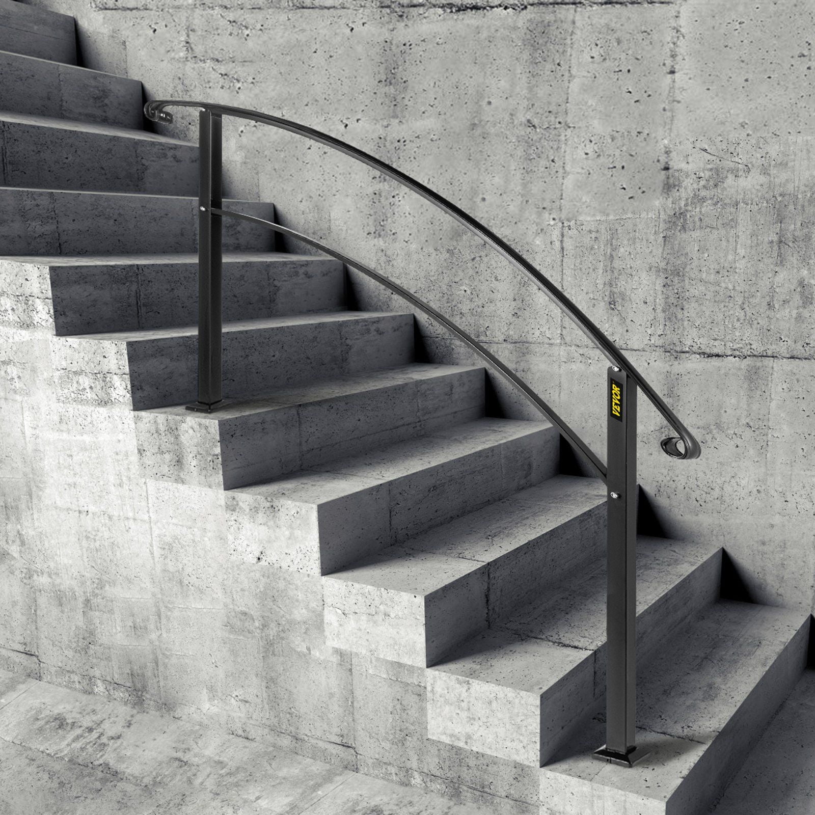 Black Wrought Iron Handrail for Outdoor Steps - Fits 1 to 5 Steps, Flexible Porch Rail for ...