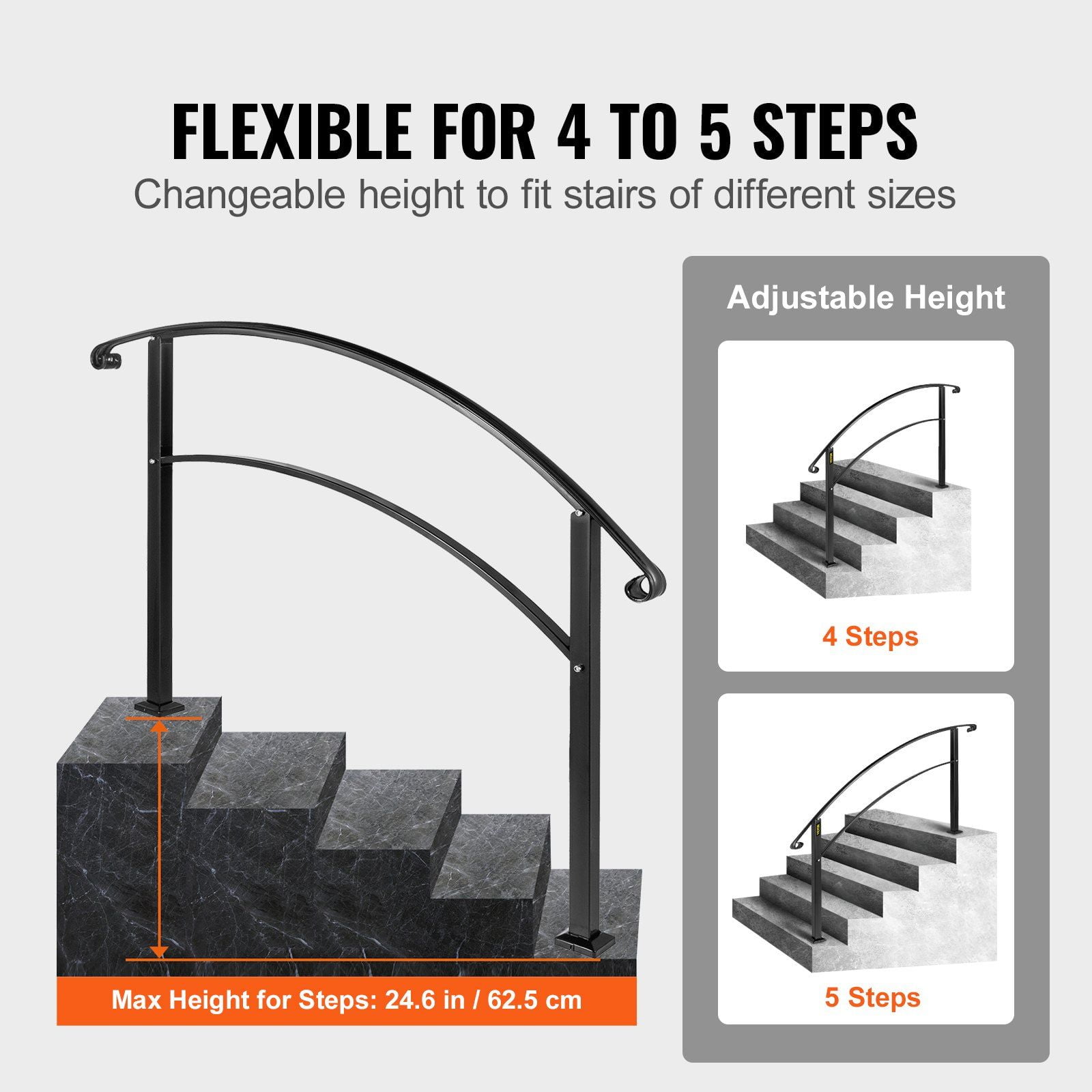 Black Wrought Iron Handrail for Outdoor Steps - Fits 1 to 5 Steps ...