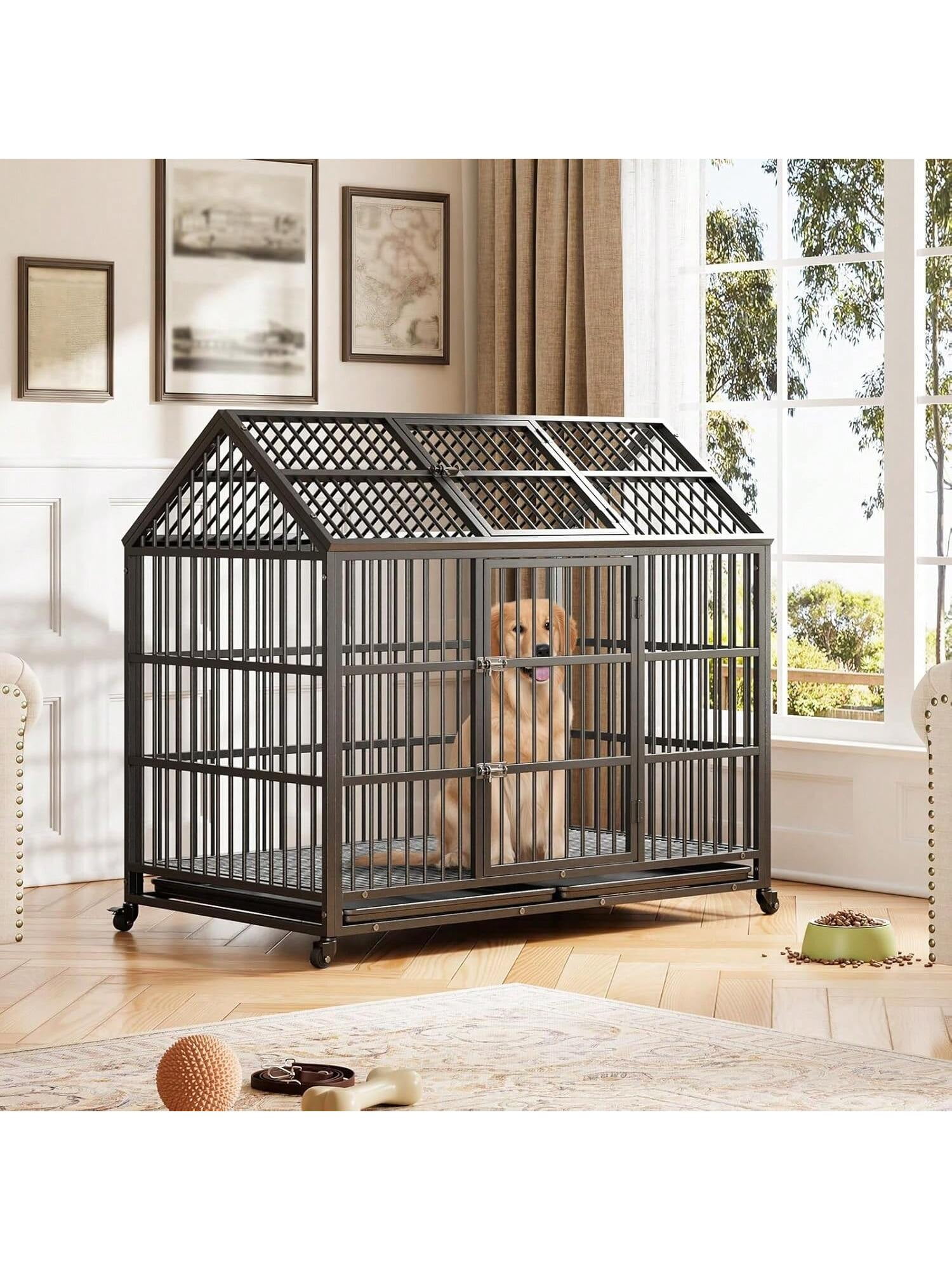 Black -XXL Heavy Duty Dog Crate, Large Metal Dog Kennel With Roof Top ...