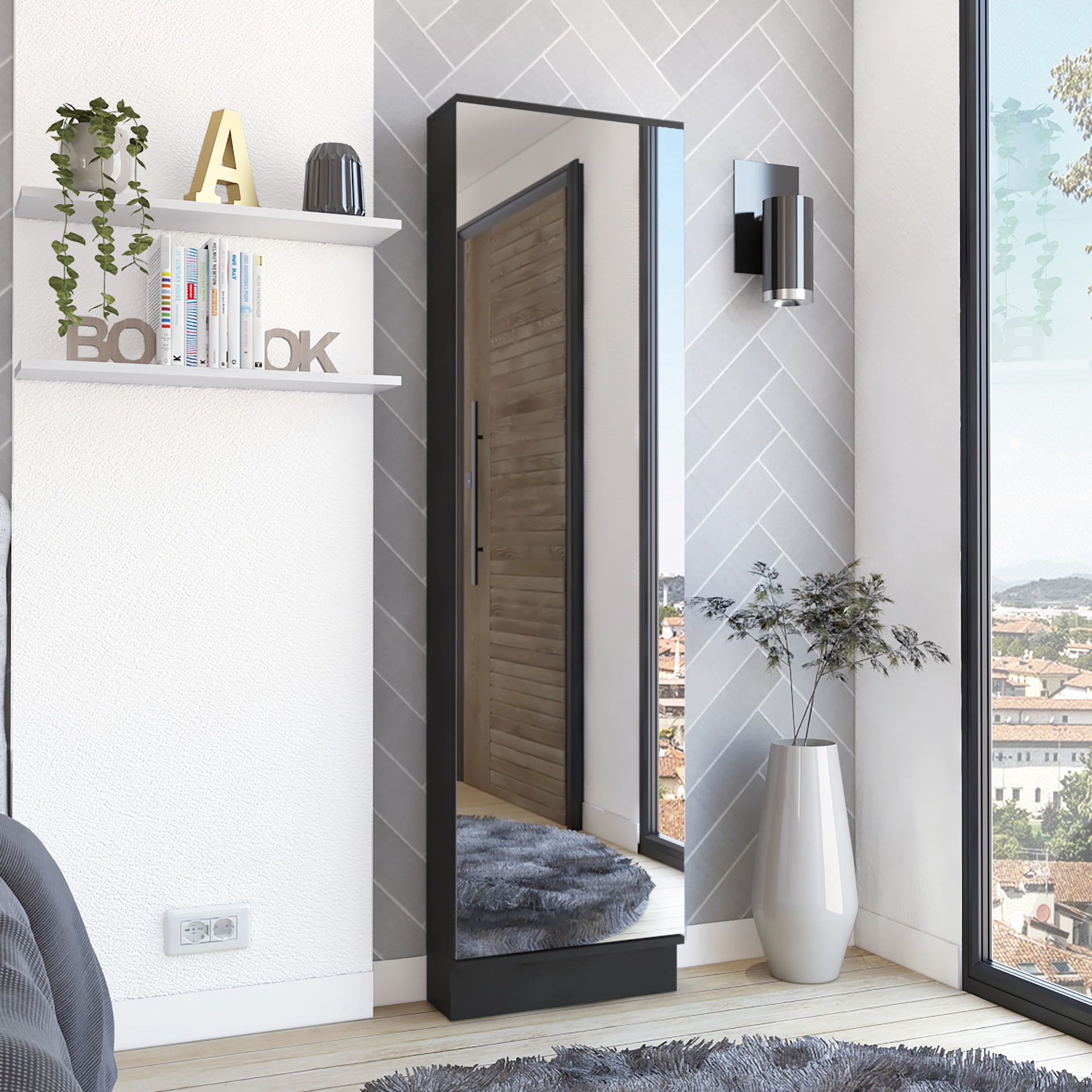 Black Xl Shoe Cabinet With Mirror And 5 Interior Shelf Sections - Fits ...