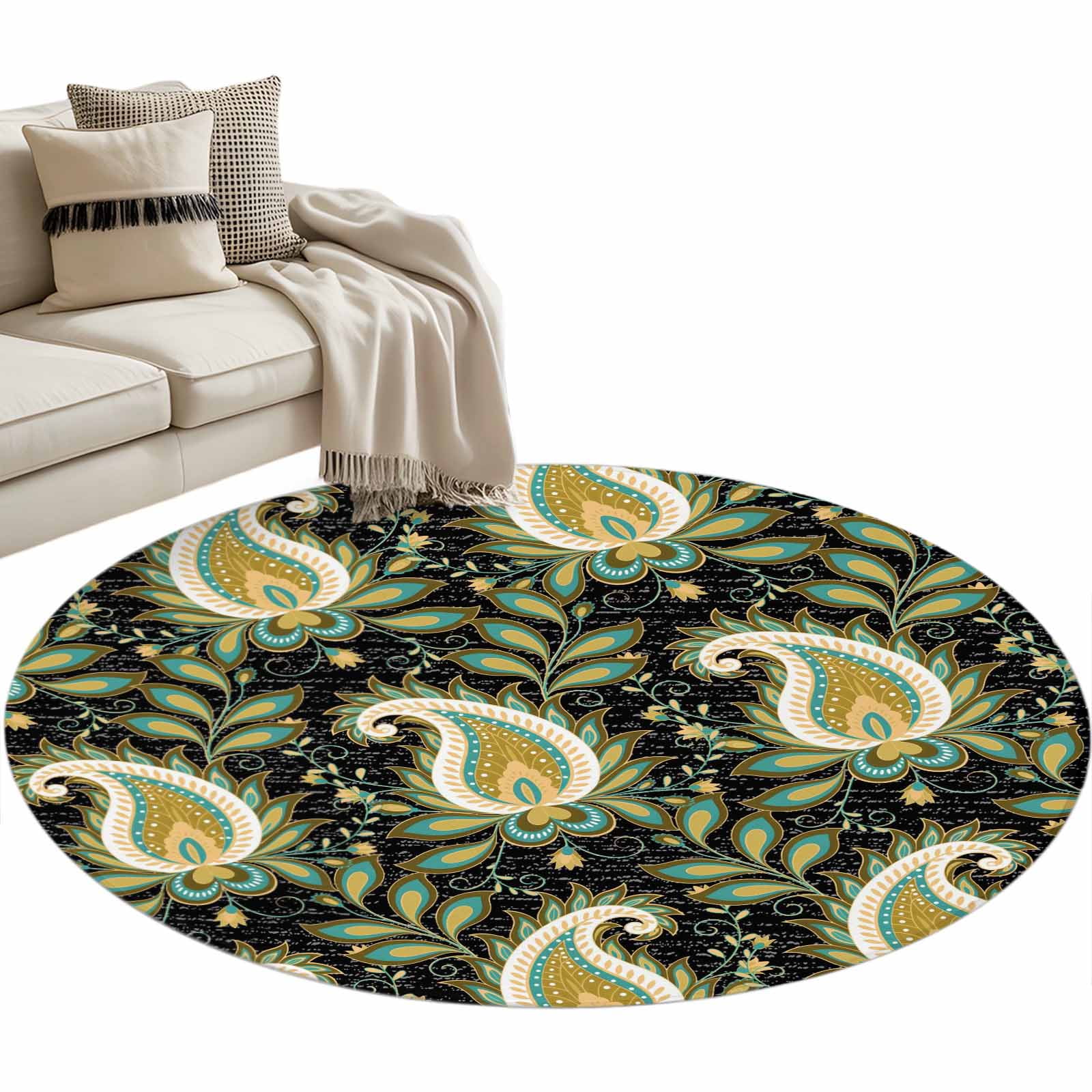 Black Yellow Bandanna Round Area Rug 4ft Ethnic Indian Style Non-Slip ...