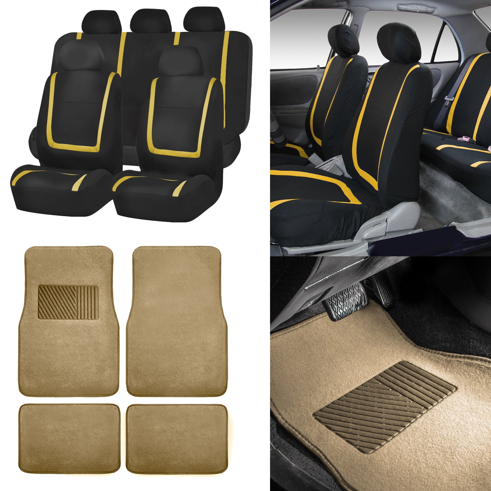 Black & Yellow Car Seat Covers with Beige Carpet Floor Mats for Auto ...