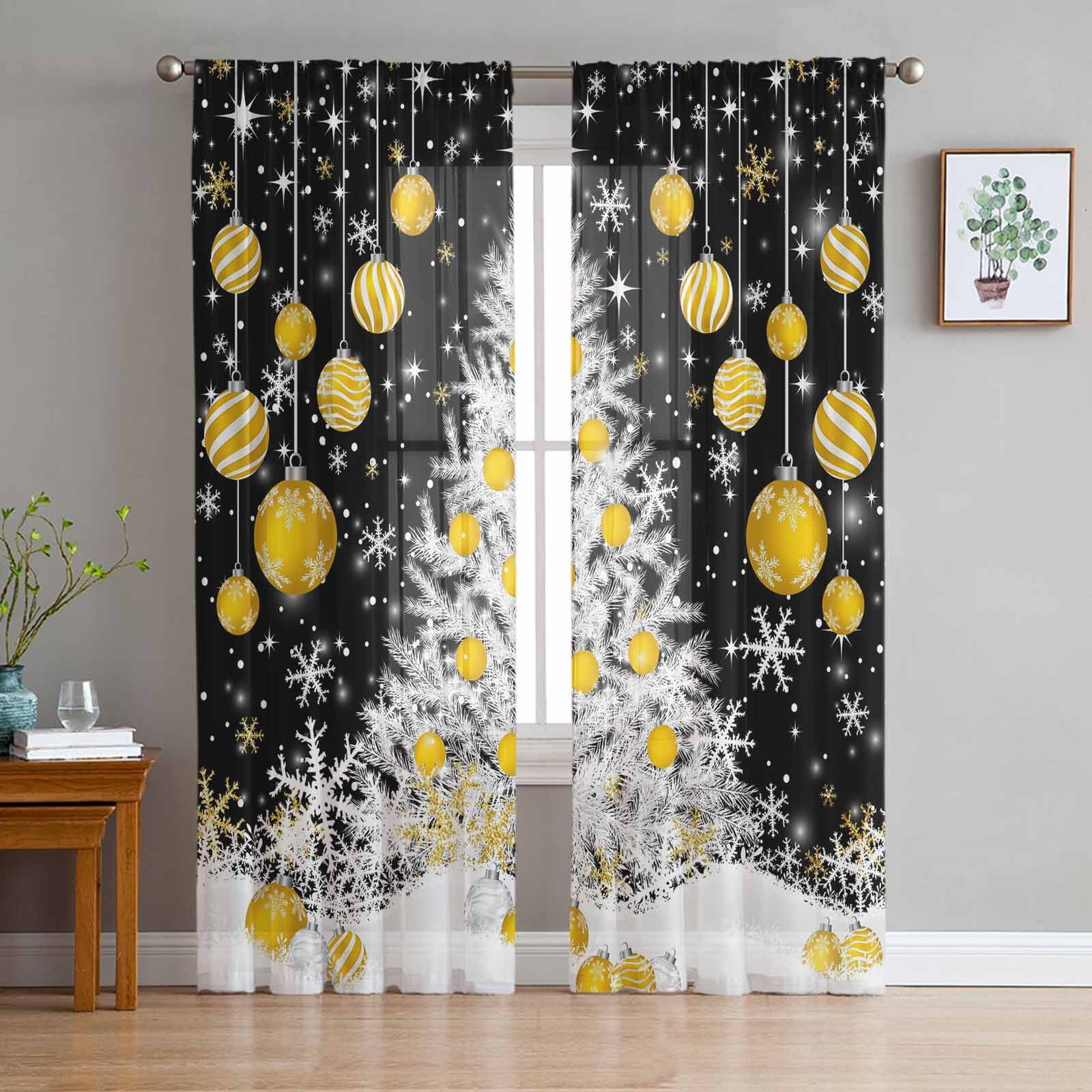 Black Yellow Christmas Sheer Curtains 72 Inches Long, Xmas Tree ...