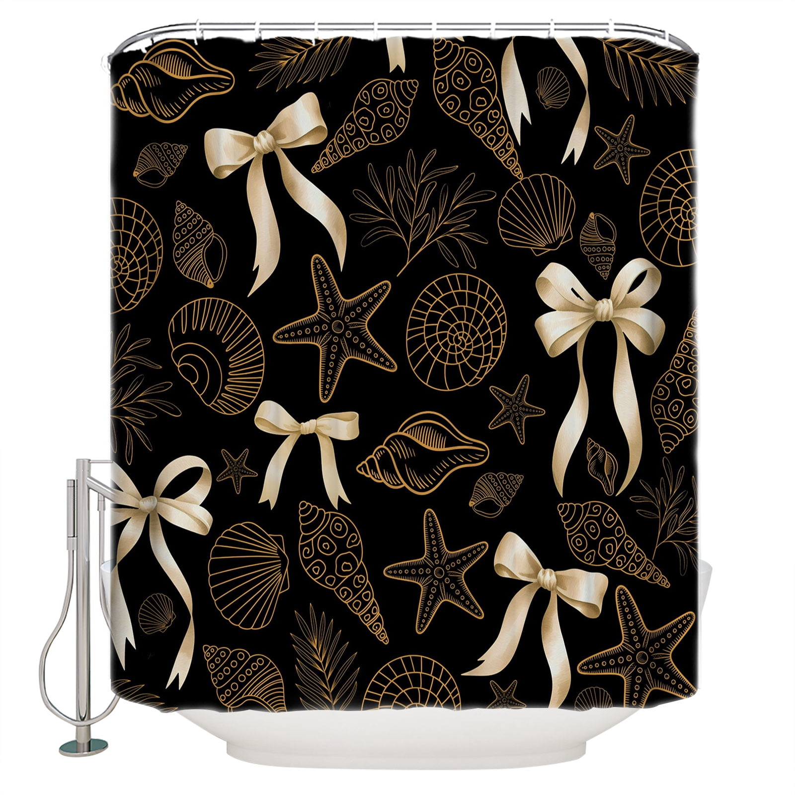 Black Yellow Coastal Bathroom Shower Curtains with 12 Hooks Polyester ...