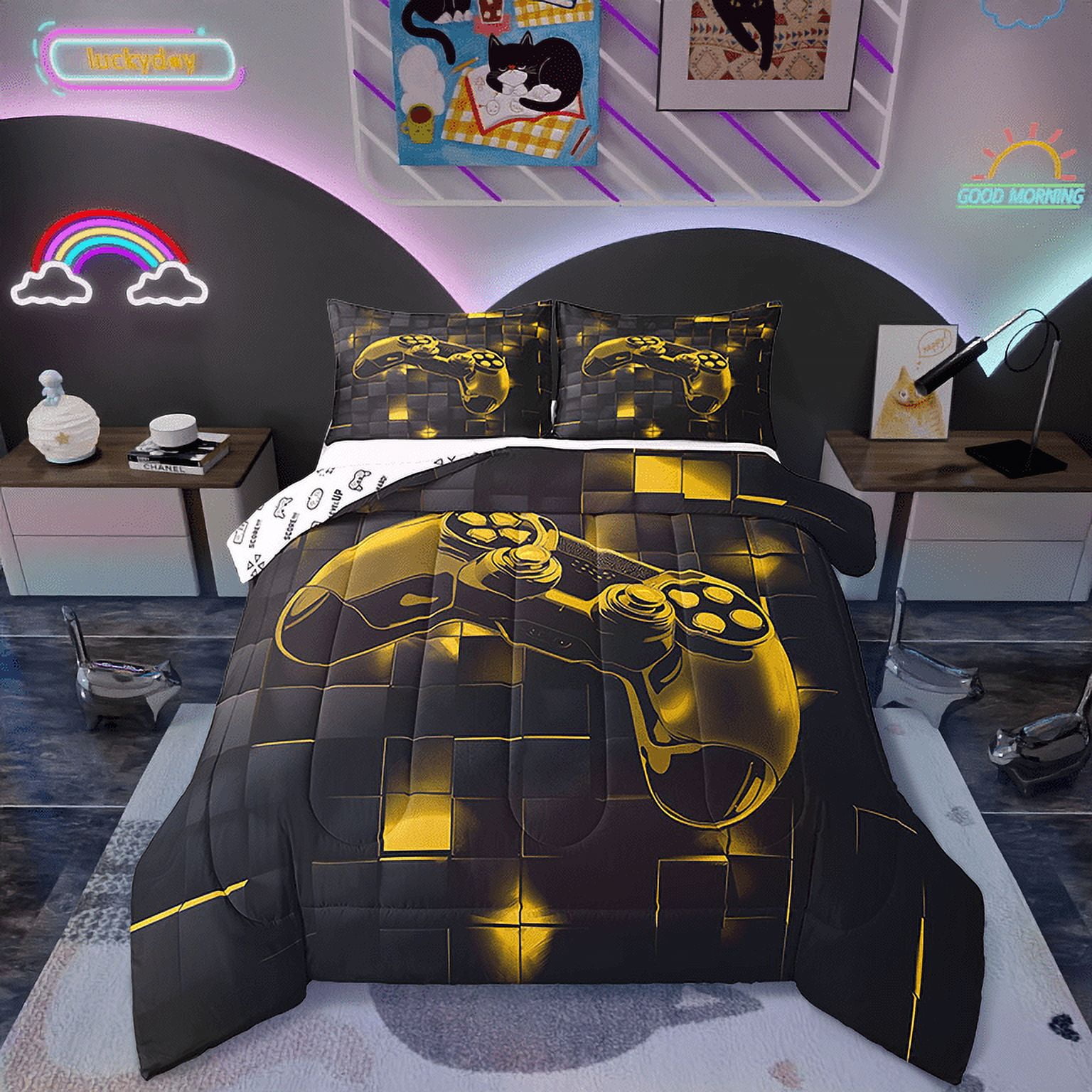 Black and Yellow Comforter Set ,Modern Geometric Gaming Bedding Set ...