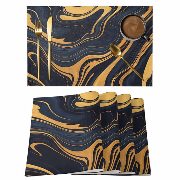 Black Yellow Cotton Linen Placemats Set of 2, Fluid Texture Abstract ...