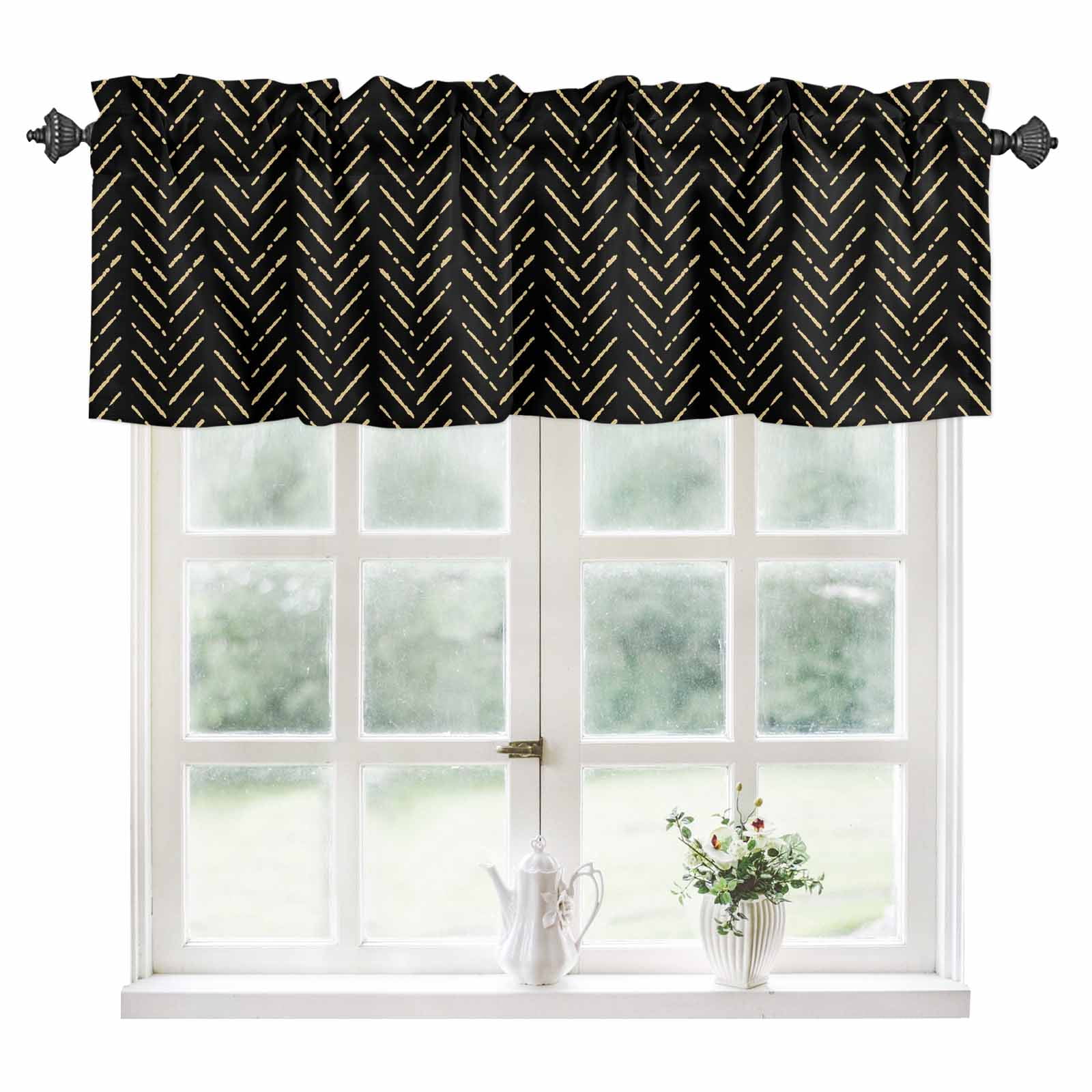 Black Yellow Geometric Kitchen Valances for Windows 54x18 Inch Kitchen ...
