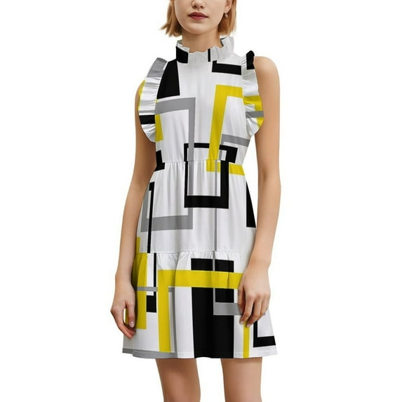 Black Yellow Geometric Lines Modern Art Women's Fashion Casual Dress ...