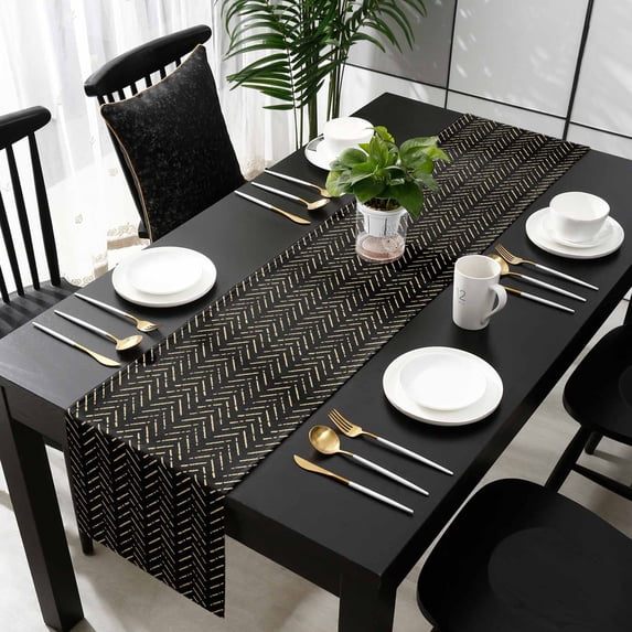 Black Yellow Geometric Table Runner 108 Inches Long, Modern Abstract ...