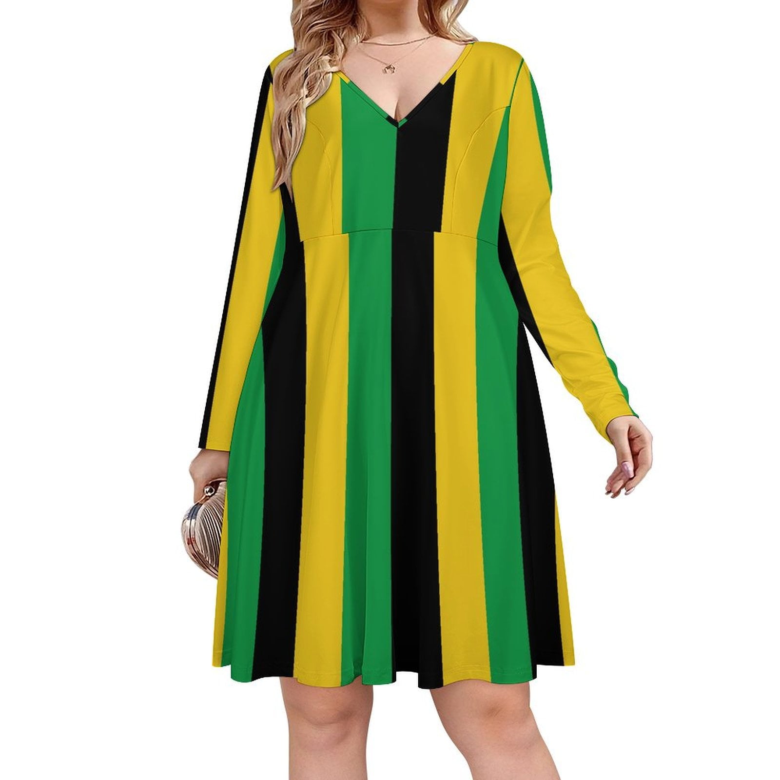 Black Yellow Green Stripes Long Sleeve Dresses For Women Vintage Elegant Party Dress Oversized V ...