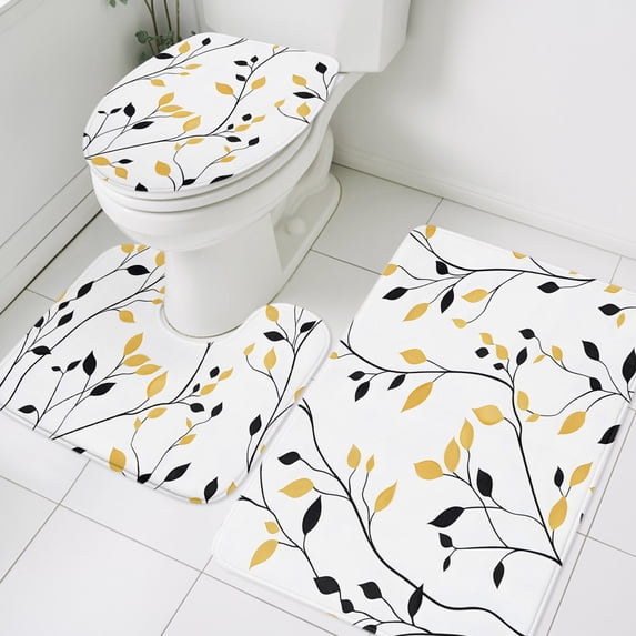 Black Yellow Leaf Bathroom Rugs Set Vintage Branch Tree Silhouette Line ...