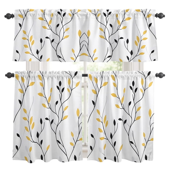 Black Yellow Leaf Kitchen Curtains Set for Windows, Branch Tree ...