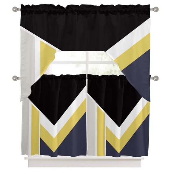 Black Yellow Lines Swag Valance and Tier Set of 3, Geometric Abstract ...