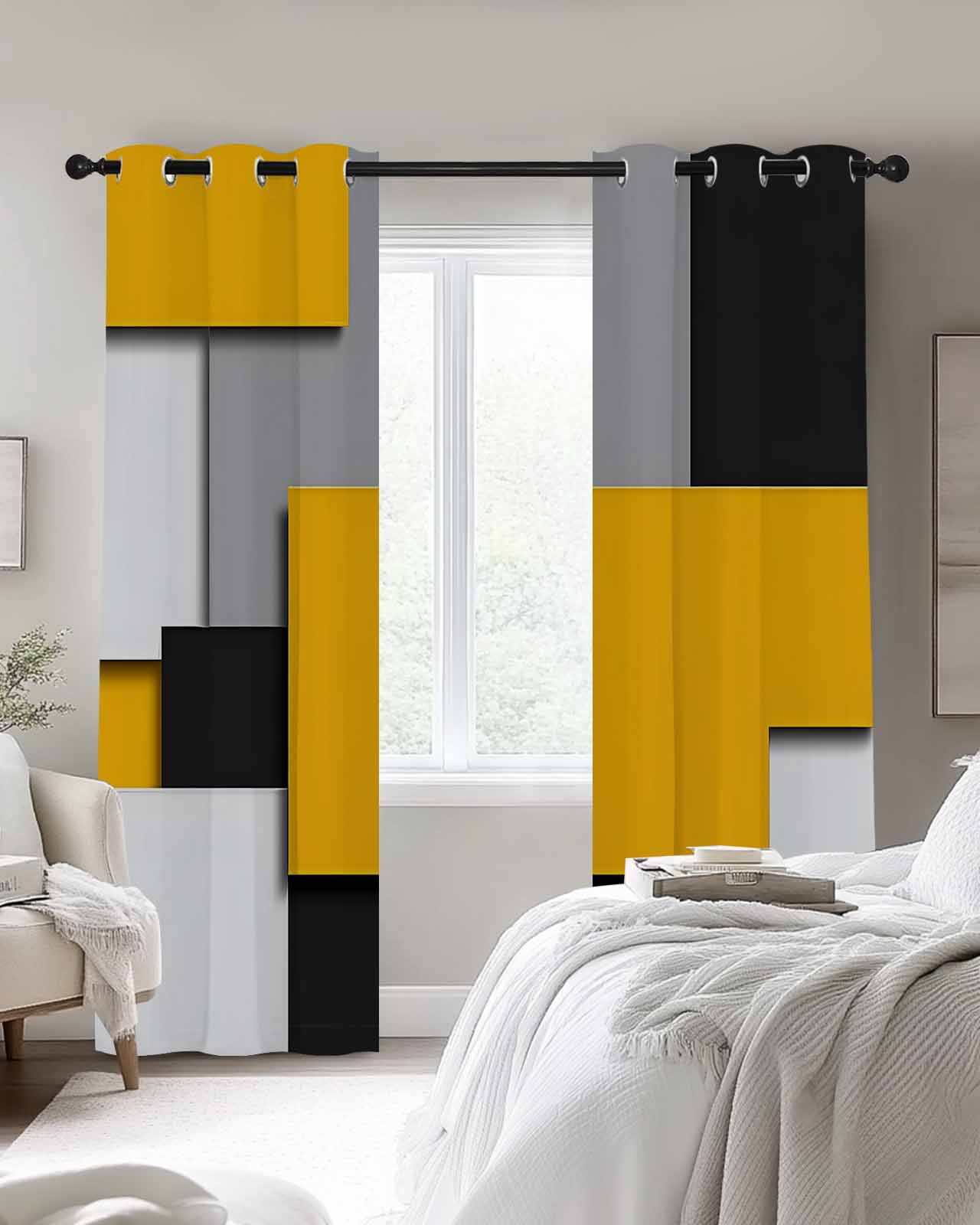 Black Yellow Patchwork Blackout Curtains 2 Panels, Geometric Abstract ...