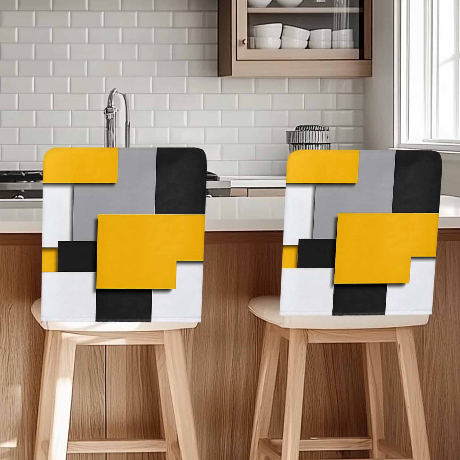 Black Yellow Patchwork Chair Covers Set of 8 Geometric Abstract Art ...