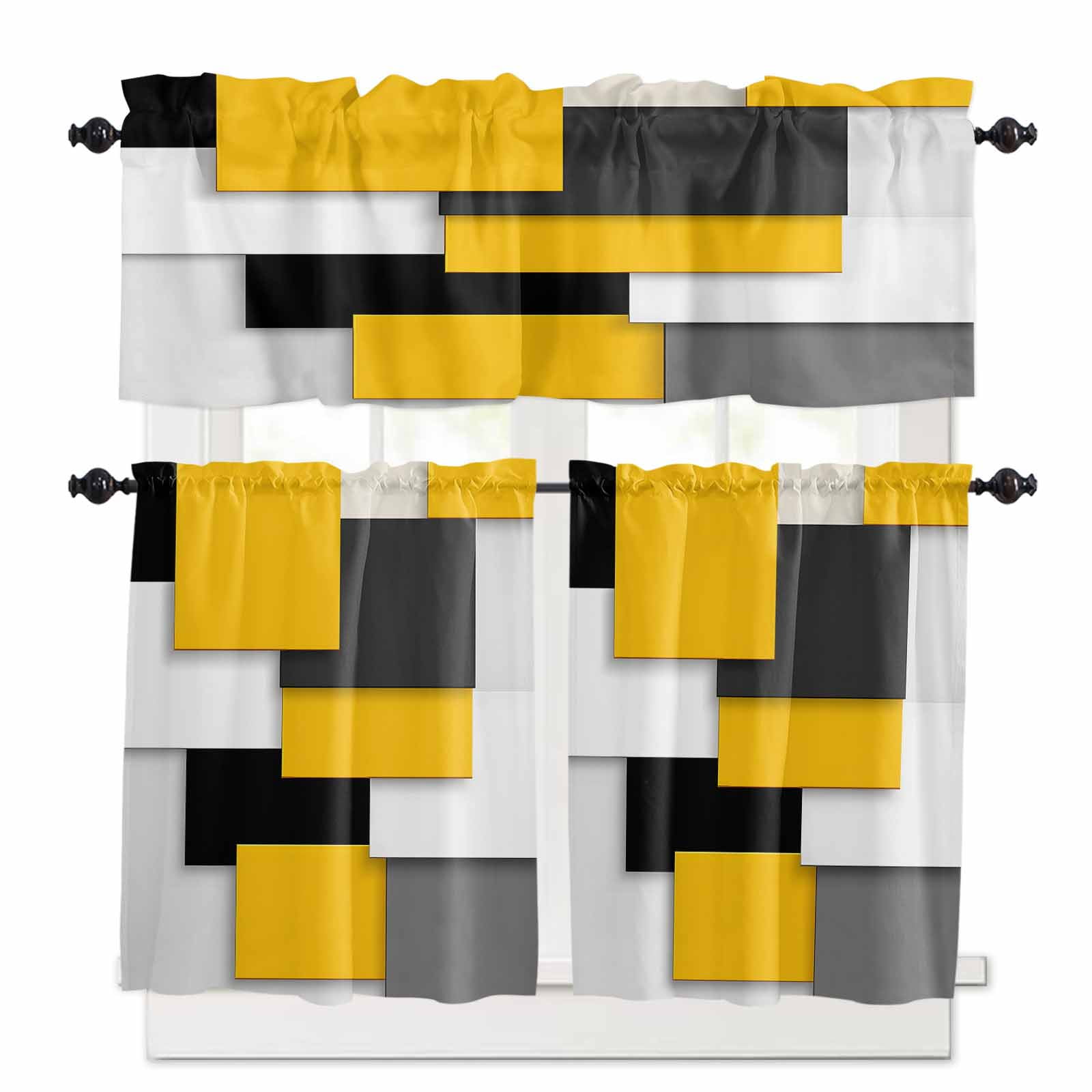 Black Yellow Patchwork Kitchen Curtains Valance and Tier Set Abstract ...
