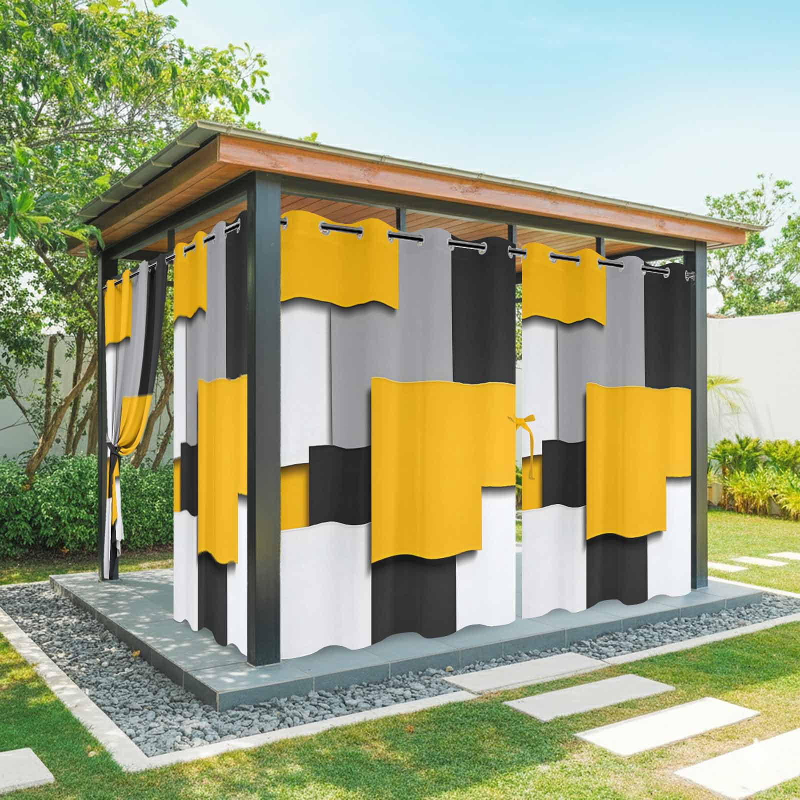 Black Yellow Patchwork Outdoor Curtains, Geometric Abstract Art ...