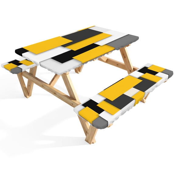 Black Yellow Patchwork Picnic Table Cover with Bench Covers Abstract ...