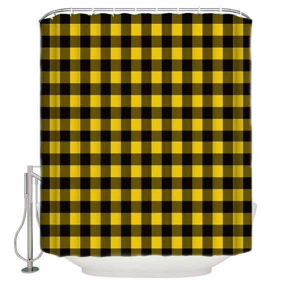 Black Yellow Plaid Bathroom Shower Curtains with 12 Hooks Polyester ...