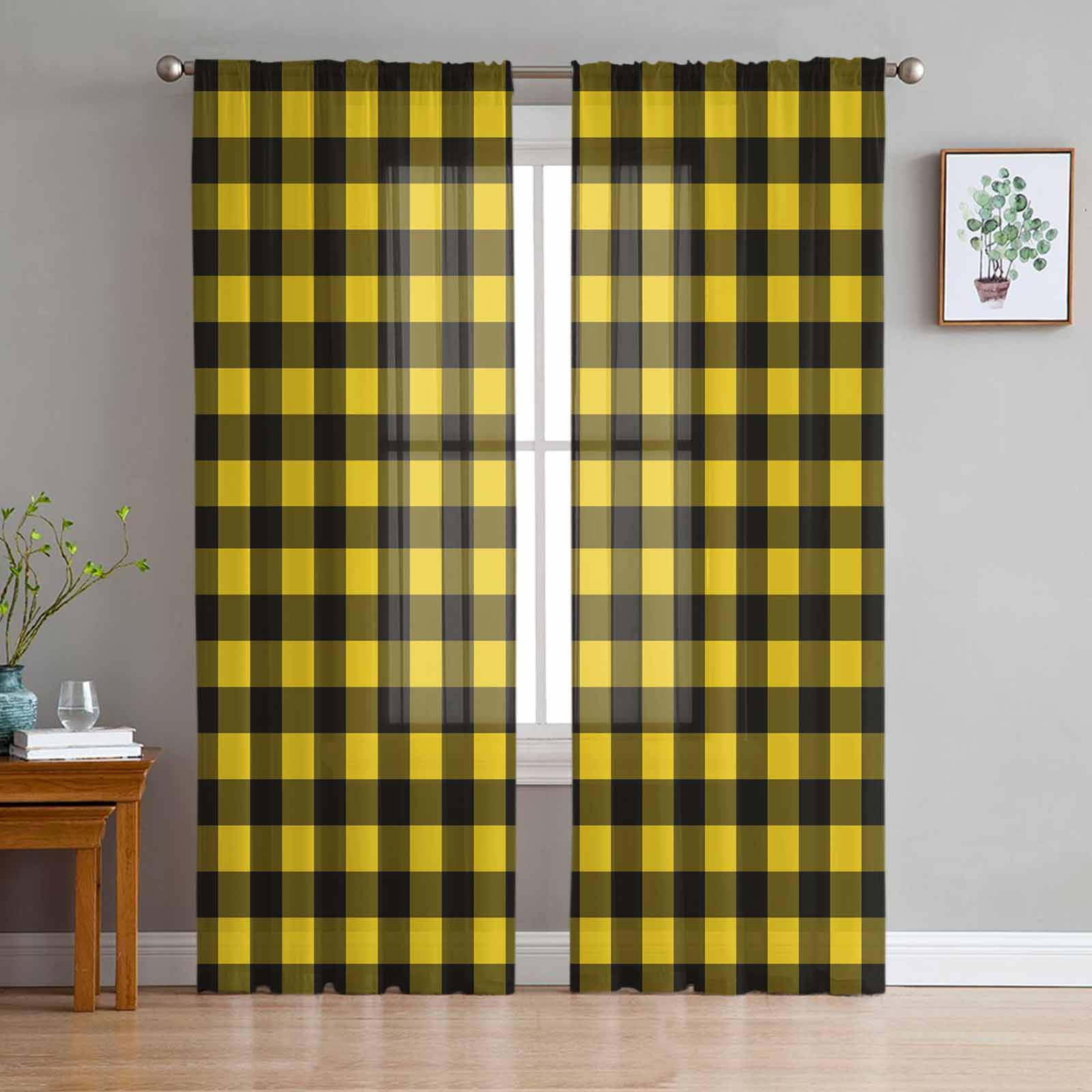 Black Yellow Plaid Sheer Curtains 72 Inches Long 2 Panels Set, Window ...