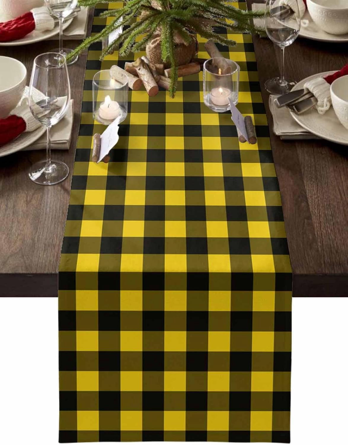 Black Yellow Plaid Table Runner Retro Country Buffalo Check Gingham ...