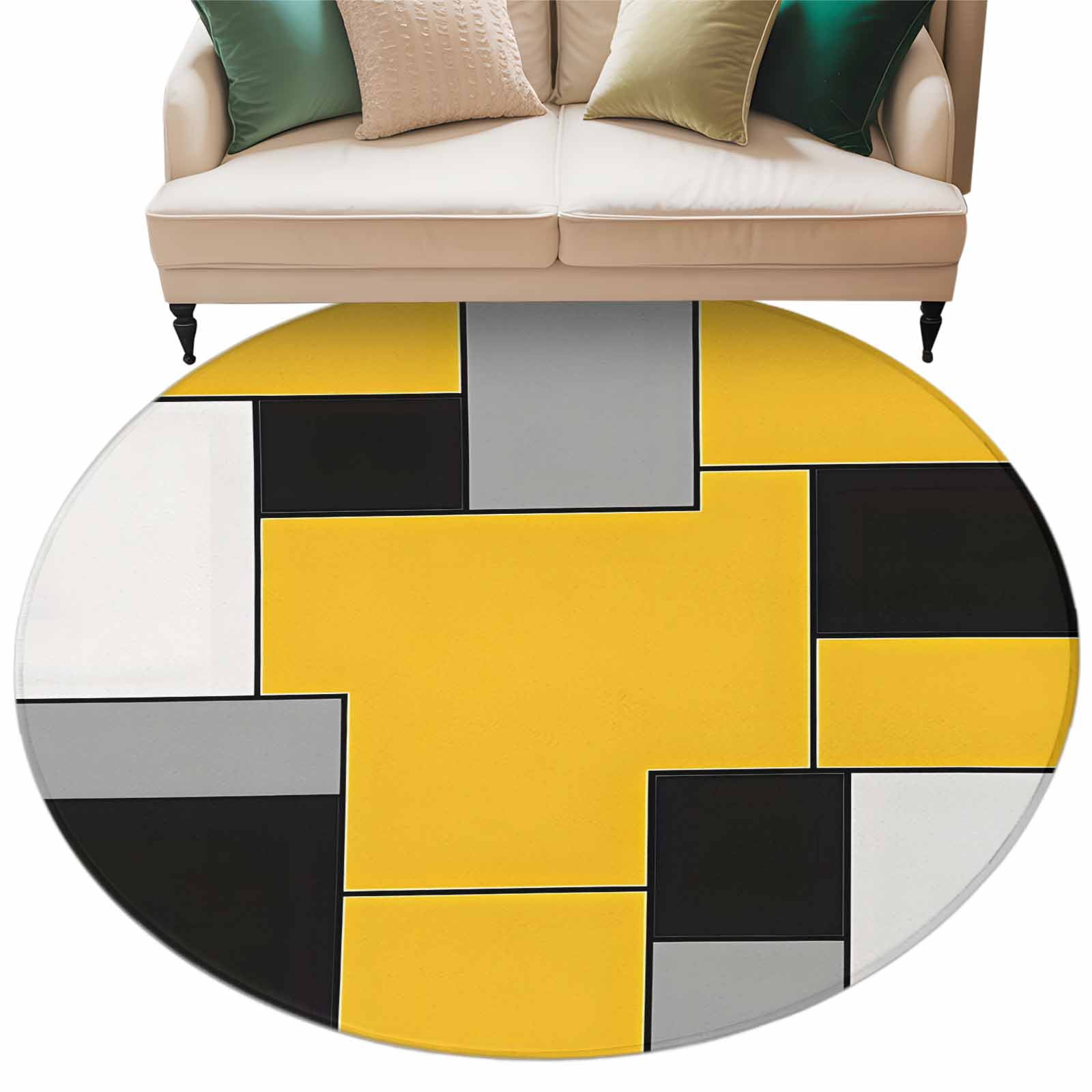 Black Yellow Round Area Rug 5ft Geometric Abstract Color Block ...