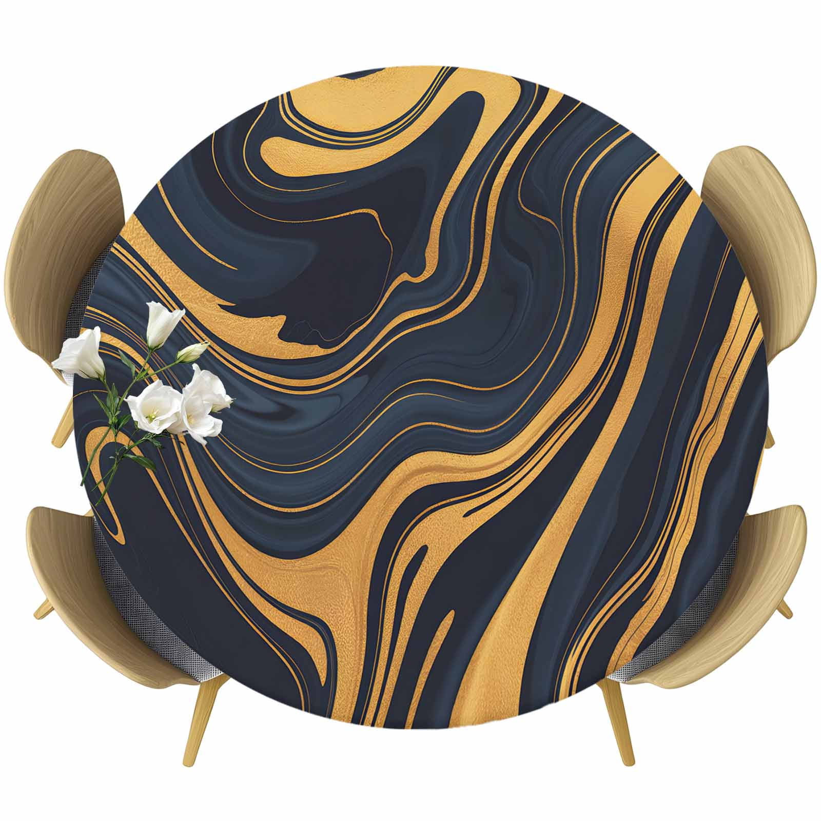Black Yellow Round Fitted Tablecloth with Elastic Edge, Fluid Texture ...