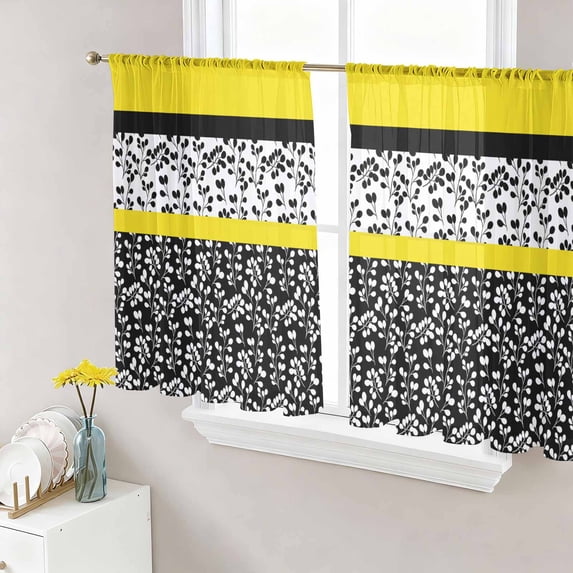 Black Yellow Semi Sheer Curtains 45 Inch Length 2 Panels Set, Garden ...