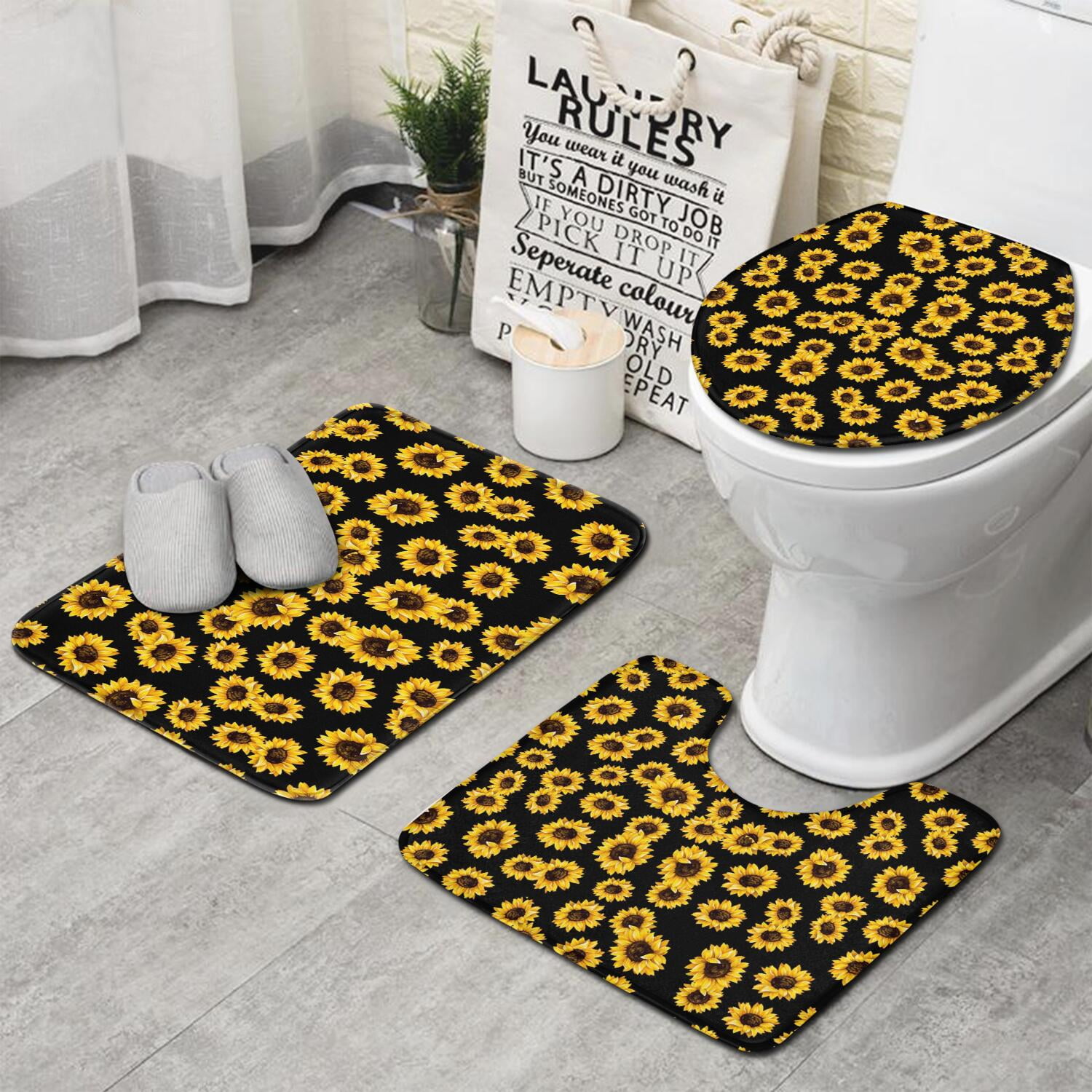 Black Yellow Sunflower Pattern Bathroom Rugs Sets 3 Piece,Toilet Cover ...
