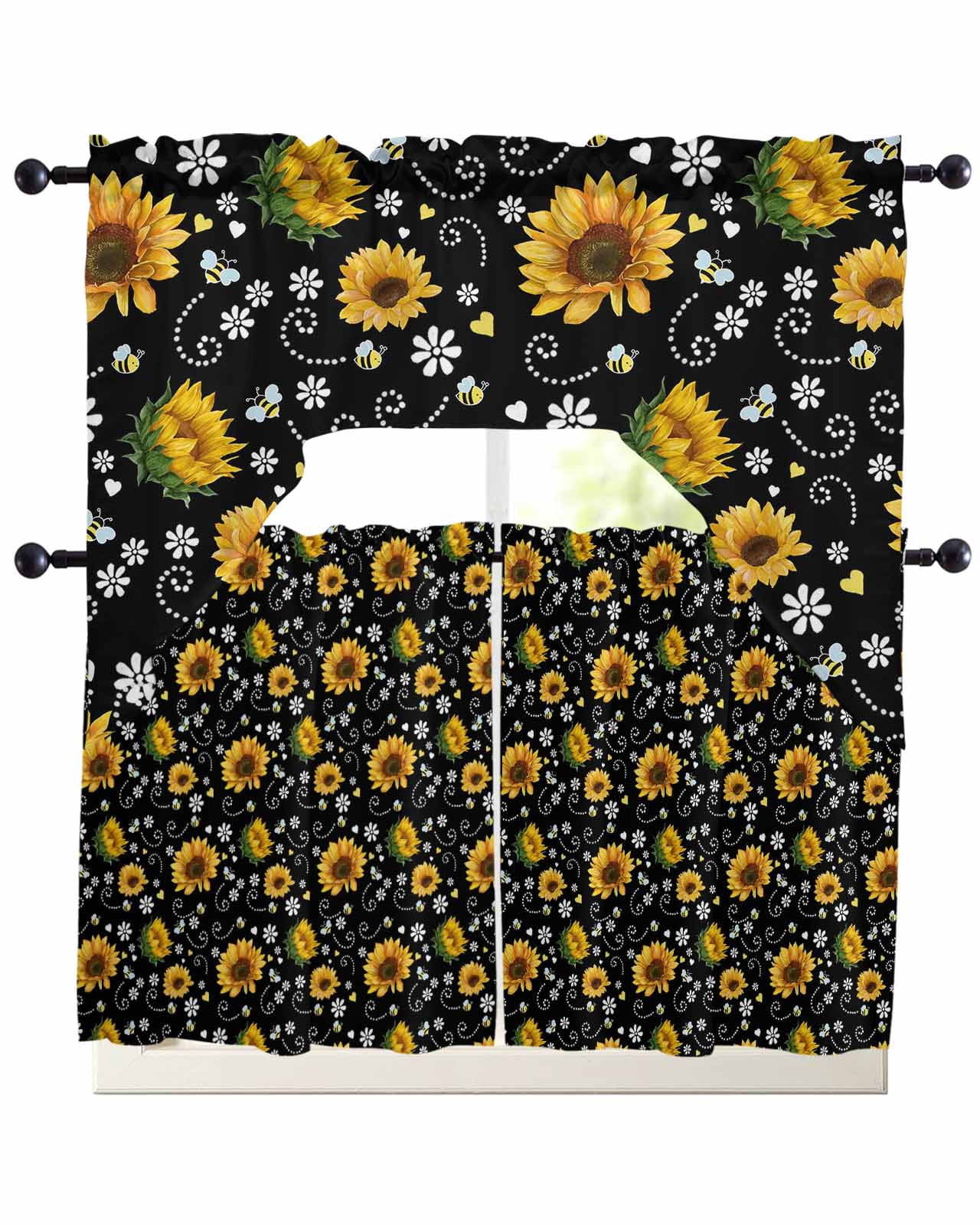 Black Yellow Sunflower Swag Kitchen Curtains Sets for Windows 24 Inch ...