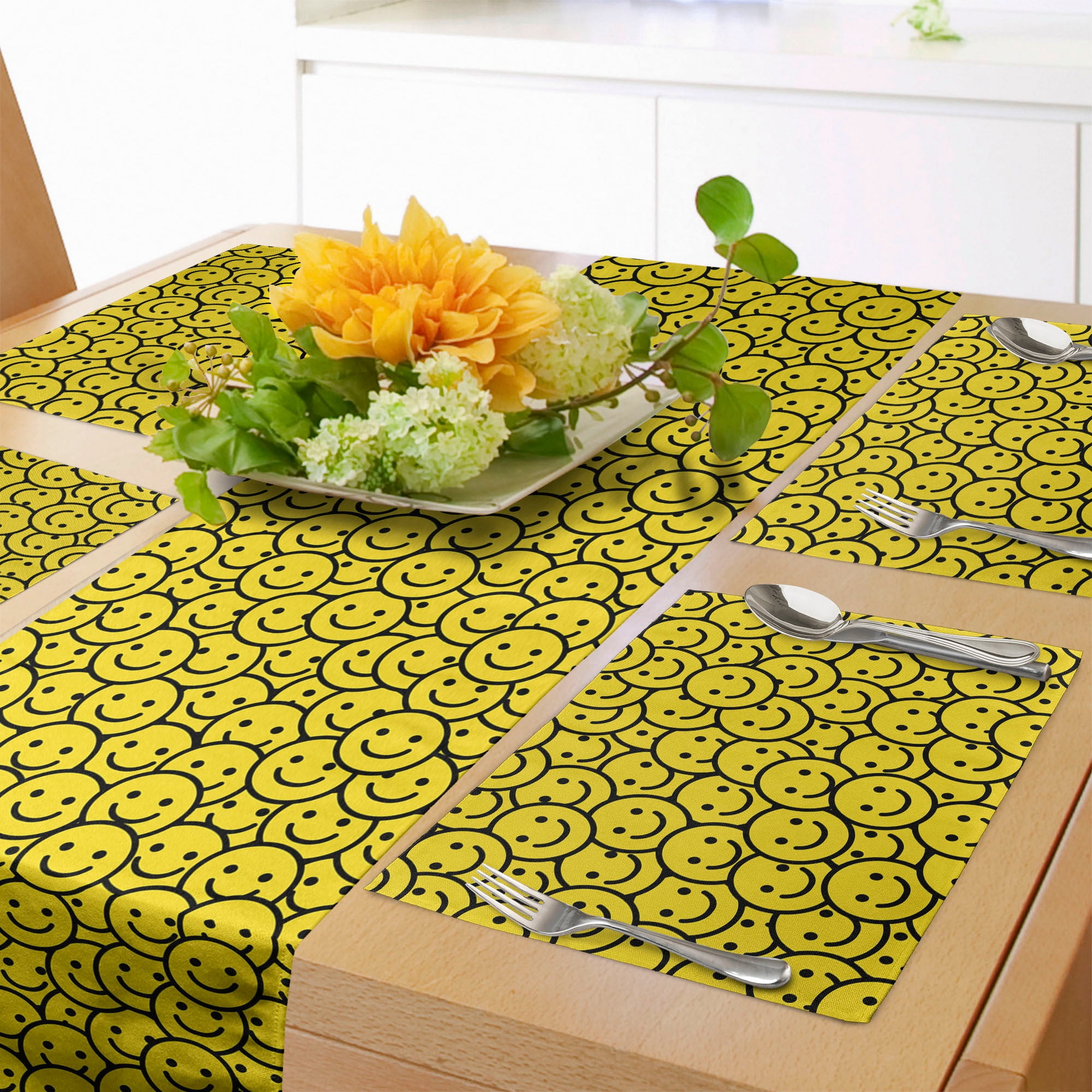 Black and Yellow Table Runner & Placemats, Cheerful Cartoon Style ...