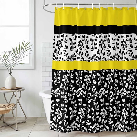 Black Yellow Waterproof Fabric Shower Curtain,Garden Floral Stripe ...