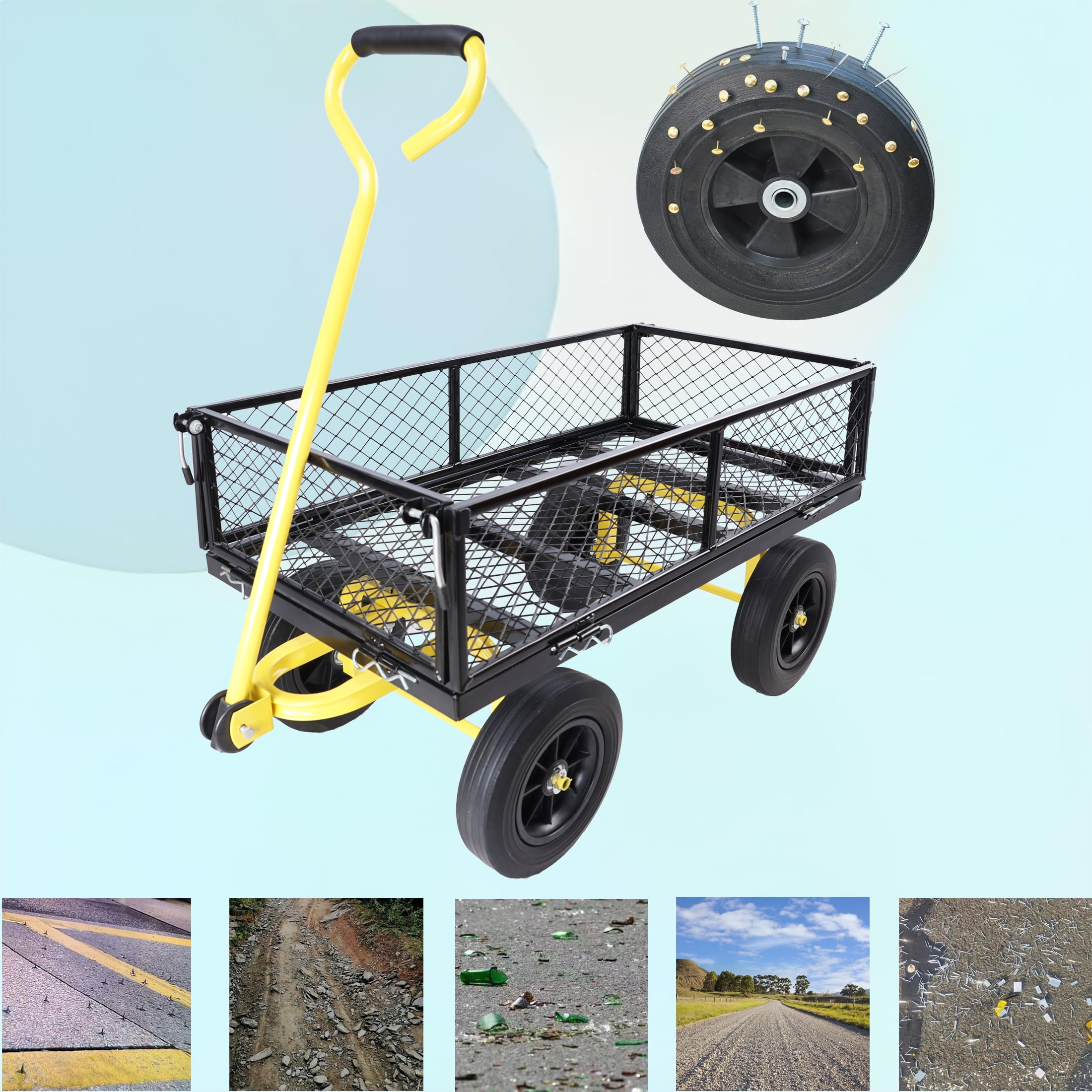 (Black + Yellow Solid Wheels Wagon Cart)Solid Wheels Tools Cart Wagon ...