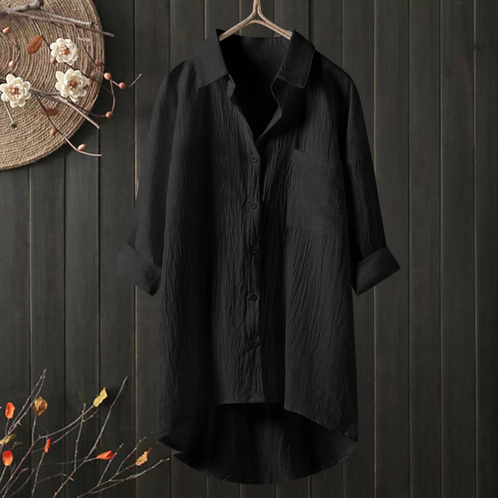 Black Young Adult Tops Muslin Blouse Women's Cotton Linen Long Sleeve V ...