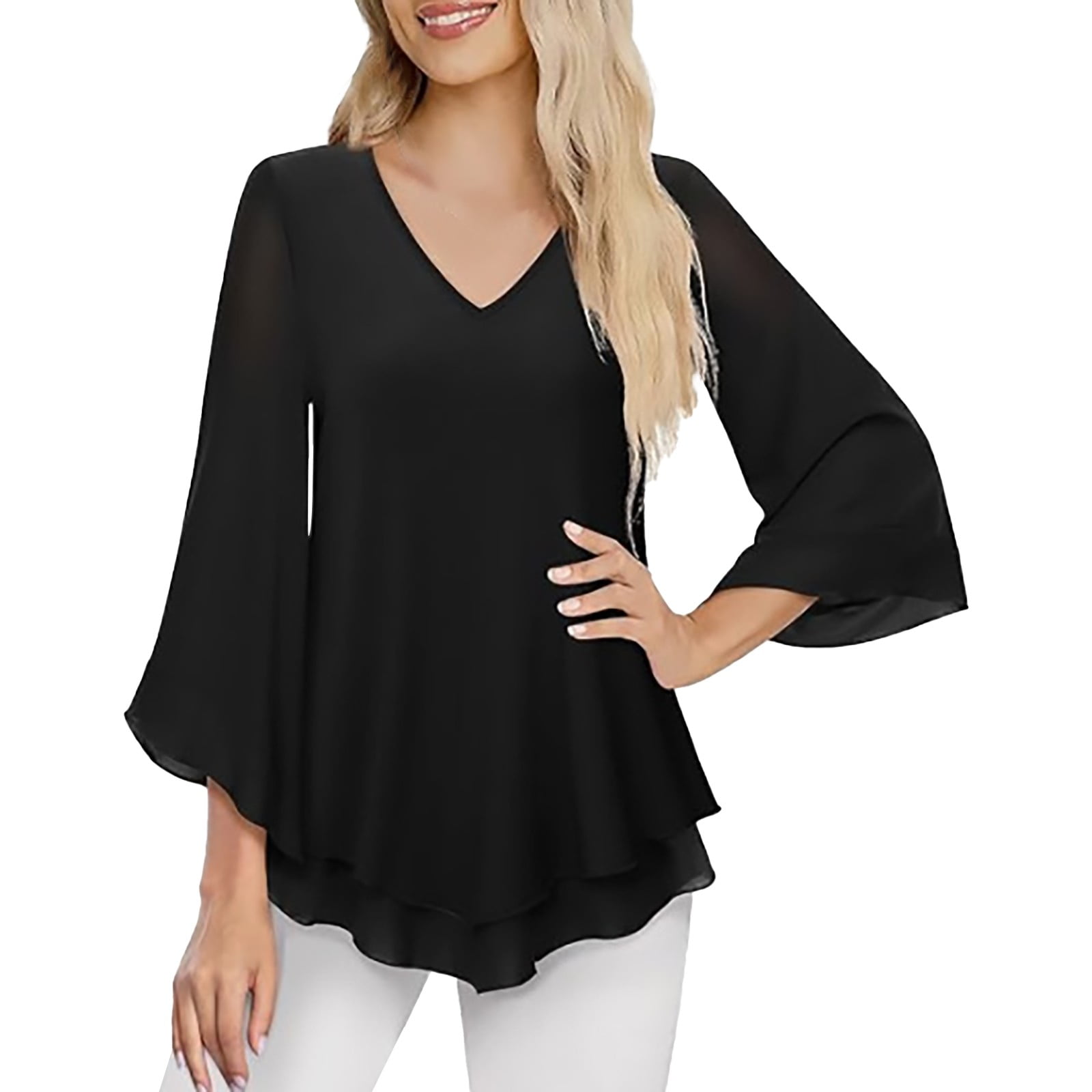 Black Young Adult Tops Women's Double Pleated Three Quarter Bell Sleeve ...