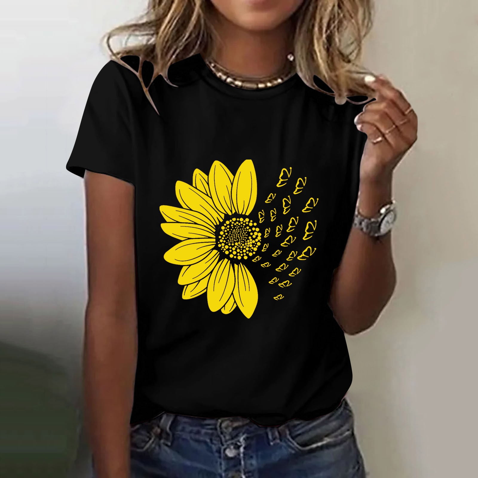 Black Young Adult Tops Women's Sunflower Butterfly Printed Shirt Short ...
